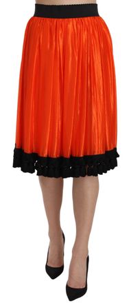 Dolce & Gabbana Womens Orange High Waist Knee Length Skirt Black Nylon Silk
