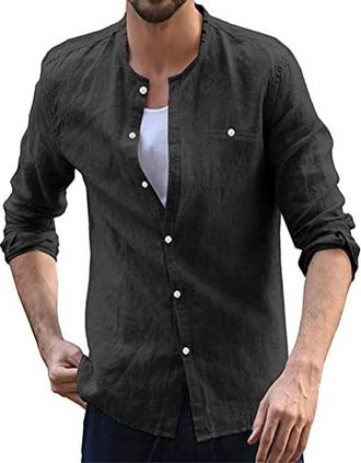 Onsoyours Chemise Homme en Lin Casual Manches Longues Shirt Ample Fit Col V Tops Décontracté Confortable Respirant Henley Chemise Blouse Tunique Z2 Noir XXL