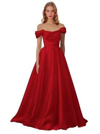 Generic Robe de bal longue froncée en satin à épaules dénudées pour femme avec poches, Rouge, 48 Grande taille