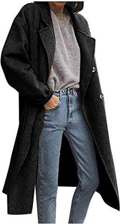 Generic 2026 Vestes pour femmes Mode Femmes Solide Trench Coat Coupe-vent Veste Double Boutonnage, Noir, XXL
