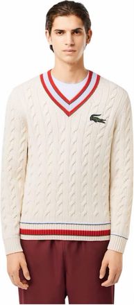 Lacoste Pullover Top f&uuml;r Herren/Damen Unisex, Gerippter &Auml;rmelaufschlag, Mit Zopfmuster, Regul&auml;r (Cremefarbe/Rot)