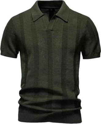 Generic Polo uni à rayures en maille à manches courtes pour homme - Respirant - Décontracté - Col texturé côtelé, vert militaire, L