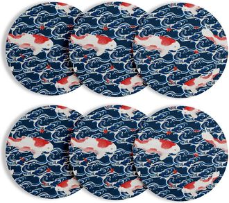Fabulous Untersetzer aus rundem Kork - Koi-Fisch, japanische Welle, traditionelles japanisches Kimono-Design, 6 Stück (95 x 95 mm)