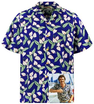 Paradise Found Paradise Found Tom Selleck Original Hawaiihemd, Kurzarm, Gr&uuml;ne Bl&auml;tter auf Blau Neu, Blau, L
