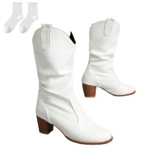 Generic Bottes Femme Montantes, Bottes Slip-On Aspect Cuir Avec Talon Bloc Et Tige Fronc&eacute;e, Bottes Hautes Confortables Pour Le Quotidien Et Les Loisirs, Autom