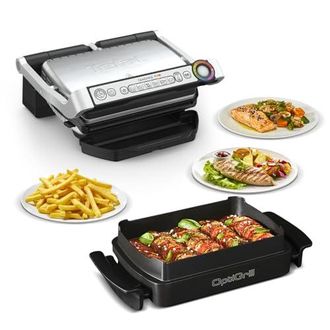T-fal OptiGrill & Bake Kontaktgrill mit Backschale, 6 Programme, Garstufenanzeige, Abnehmbare Platten, Elektrogrill, Edelstahl, GC714D10