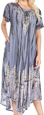 Sakkas 17260 - Robe de Caftan Devora pour Femme Maxi Nightgown Caftan Tie Dye Batik & Corset - Steelblue-Navy - OS