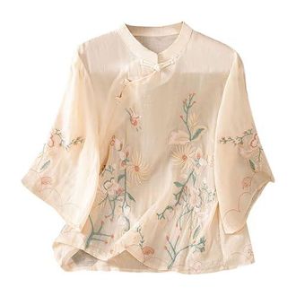 Generic Chemisiers en lin &agrave; manches longues, hauts en coton pour femme, chemises &eacute;l&eacute;gantes de style chinois, chemisiers brod&eacute;s floraux classiques polyvalents 