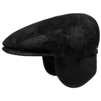 Stetson Kent Pigskin Flat Cap Herren Made in EU Mit Ohrenklappen Aus 100% Leder Mit Fleecefutter Herbst Winter schwarz M (56-57 cm)