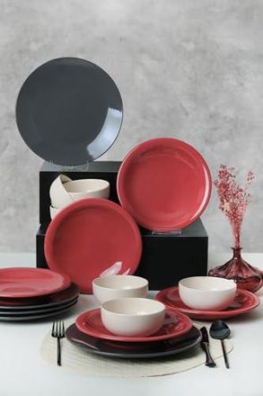 Hermia Elegant 18-Piece Ceramic Dinner Set, Black/Red/White | 100% Antibacterial, Easy-Clean, Thermal Shock Resistant | Dishwasher & Microwave Safe