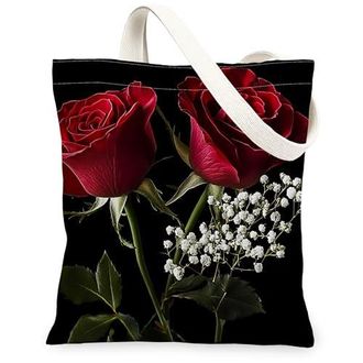 Generic Sac fourre-tout en toile pour la Saint-Valentin - Motif floral rose - 33 x 38 cm - R&eacute;utilisable - Motif floral romantique - Pour femme - D&eacute;coration de