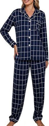 Minetom Ensembles de Pyjama Femme 2 Pi&egrave;ces Bouton V&ecirc;tements de Nuit &Agrave; Carreaux Manches Longues Col V Chemise et Pantalon Style Y06 36