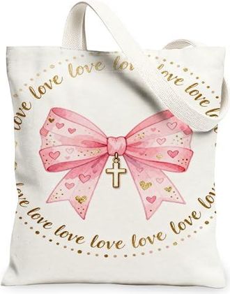 Generic Sacs fourre-tout en toile avec ruban damour, motif coeur, sacs d&eacute;picerie r&eacute;utilisables, l&eacute;gers et lavables, motif floral printanier, toile F, p&ecirc;che, 1