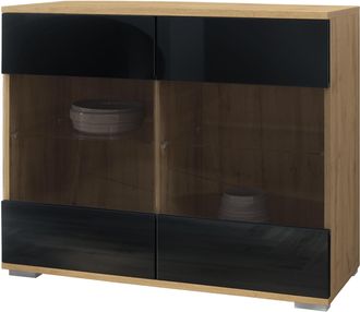 Vladon Kommode Bari V3, Moderner K&uuml;chenschrank mit 2 gro&szlig;en Glast&uuml;ren Eiche Evoke/Schwarz Hochglanz (92,5 x 75.5 x 35)