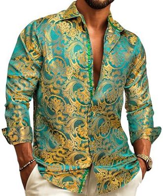Barry.Wang Chemise habill&eacute;e pour homme en soie cachemire &agrave; manches longues boutonn&eacute;e grande et grande chemise tendance loisirs f&ecirc;te de mariage bal, vert dor&eacute;, XX