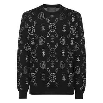 Philipp Plein Homme, Pulls, Noir, Taille: 2XL Pullover Round Neck Monogram