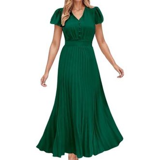 Generic Robe d&eacute;t&eacute; d&eacute;contract&eacute;e pour femme avec col en V et manches courtes, simple &agrave; volants, couleur unie, tenue quotidienne pour l&eacute;t&eacute; et le printemps avec c