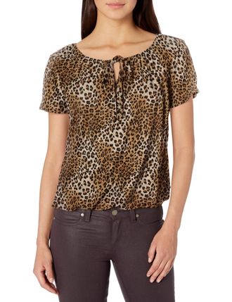 Star Vixen Damen Kurzen Ärmeln und Schlüssellochbindung, Bauer-top, Blasensaum Hemd, Leopardenmuster, Groß