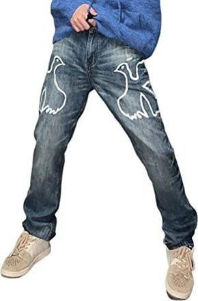 ORANDESIGNE Jean Imprimé Hip Hop Homme Coupe Droite Vintage Denim Pantalons Baggy Lâche Fit Jambe Droite Pantalon Rétro Streetwear ZM Bleu L