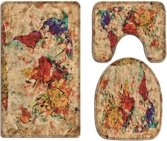 A.Monamour Badezimmer Badematte 3 Teilig Set Bunte Vintage Alte Weltkarte Des Aquarells Flanell WC Toilette Deckel Deckt Bad Matte Teppich Badteppiche Badvorlege