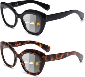 JM 2 Paires de Lunette Loupe Photochromiques pour Femme, Yeux de Chat Lunette Anti Lumiere Bleue Charnière à Ressort, Noir & Tortue