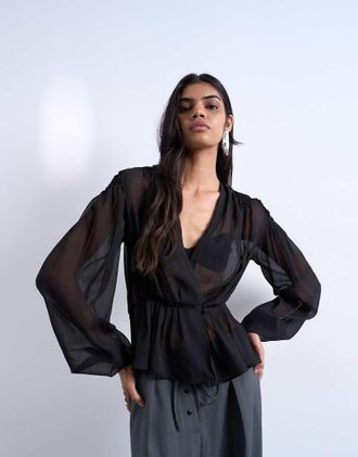 Topshop Lang&auml;rmlige, transparente Chiffon-Bluse in Schwarz mit Einsatz