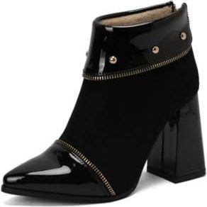 Generic Bottines Femme Cuir Verni Et Daim Bout Pointu Talons Hauts Blocs Confortables Fermeture Éclair Cloutée À Enfiler Chaussures Habillées Soirée,Noir,36 E