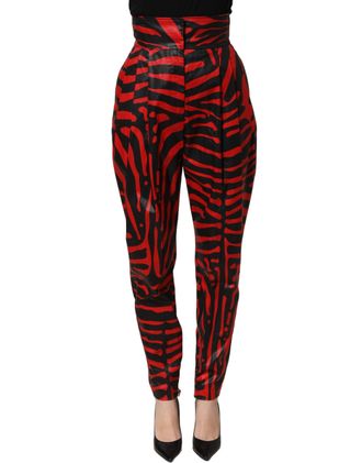 Dolce & Gabbana Womens Red Black Zebra Print Cotton Highwaist Pants Elastane