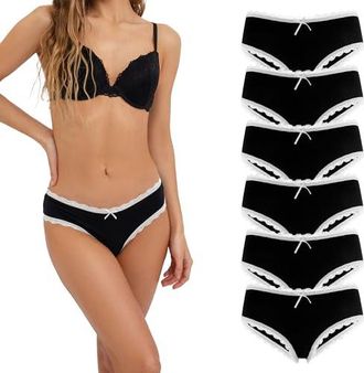 Fabio Farini Lot de 6 Culottes Hipster Shorty Femme en Coton avec Détails en Dentelle - Féminins Slips Set 6X Noir avec de la Dentelle Blanche M