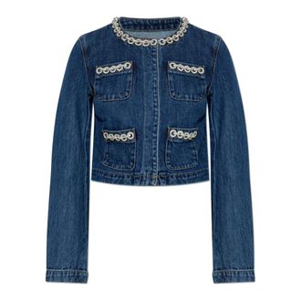 Self Portrait Crystal Trim Denim Jacket - Femme - Vestes - Bleu - Taille: 36 FR
