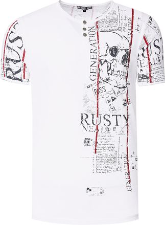 Rusty Neal T-Shirt Herren S - 3XL Kurzarm Rundhals Henley-Knopfleiste Seitliche Front Prints Tshirt Verwaschen 294, Farbe:Wei&szlig;, Gr&ouml;&szlig;e S-3XL:3XL