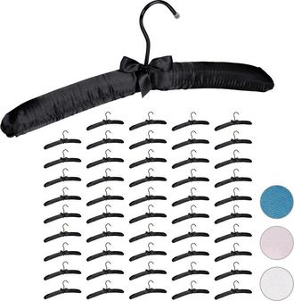 Relaxdays 50 x Kleiderb&uuml;gel Satin, weich gepolstert, 360&deg; drehbarer Haken, dekorative Schleife, Satinb&uuml;gel, 38 cm breit, schwarz