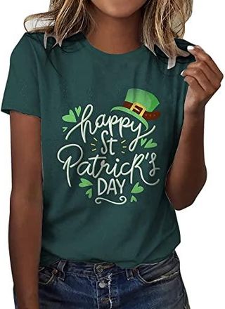 Generic Chemise de la Saint-Patrick pour femme &agrave; manches 3/4 - Haut vert tr&egrave;fle - Haut d&eacute;contract&eacute; et ample pour femme - V&ecirc;tements irlandais - Pull slim fit -