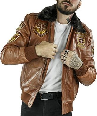 TruClothing Blouson pour Homme Style aviateur Bomber Pilote Style Vintage Cuir Vieilli véritable - Marron Chaud 3XL