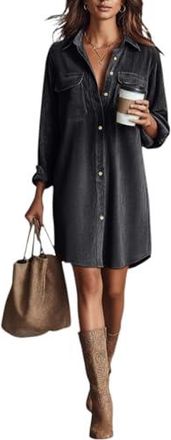 Minetom Robe Chemise en Velours C&ocirc;tel&eacute; Femme Automne Hiver D&eacute;contract&eacute;e Manches Longues Robes avec Boutons Poches A Gris Fonc&eacute; L