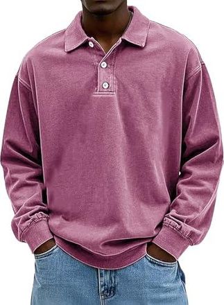 Generic Polo &agrave; manches longues pour homme - Chemises r&eacute;tro boutonn&eacute;es - Pour lautomne et le travail, Polos pour homme Rose, XXL