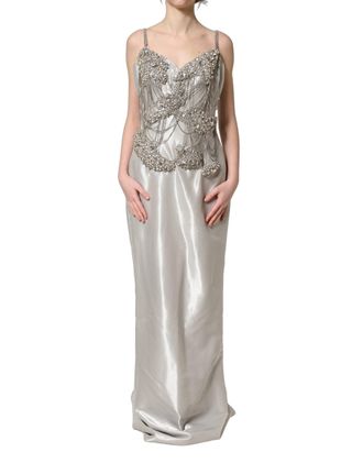Dolce & Gabbana Womens Silver Crystal Embellished Eveninggown Dress Silk Elastane