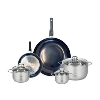 Fackelmann ELO 9729550 Batterie de cuisine 5 pièces, Ensemble de 2 Poêles de cuisson 20 et 32 cm et 3 faitouts 12, 14 et 20 cm Elo Prima Brillant, inox, inductio