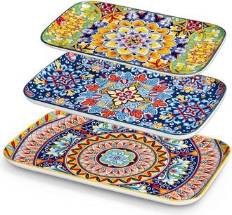 VANCASSO SIMI Lot de 3 Assiettes Rectangulaires en Porcelaine - 12/14/16 Assiettes Plates pour Poulet Grillé, Fruits, Salade et Desserts, Adaptés au Lave-vaiss