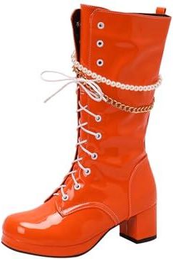 Generic Bottes mi-mollet pour femme - Bout rond - Talon bloc - Lacets - Élégantes - Chaussures de fête - Fermeture éclair large - Antidérapantes, Orange, 40.5