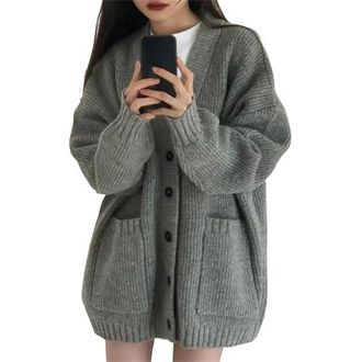 Generic Cardigan dhiver pour femme - Manches longues - Col en V - Style d&eacute;contract&eacute;, Gris, taille unique