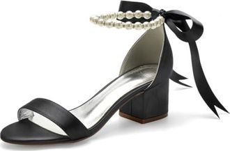 Generic Chaussures De Mariage Sangle De Cheville Talon Bas Femme Talon Satinée des Pompes Mariée Peep Toe Chunky Heels 5.5Cm,Noir,40 EU