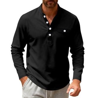 Generic Chemise &agrave; manches longues pour homme avec poche Henley - Col montant - Chemise boutonn&eacute;e d&eacute;contract&eacute;e et respirante - T-shirt de travail uni - Coupe r