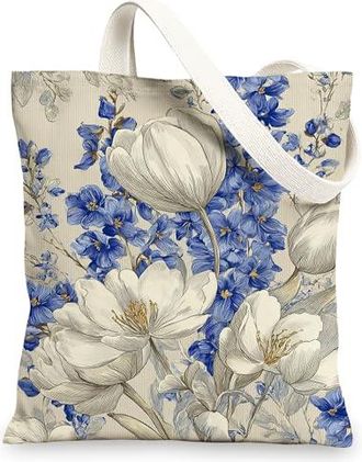 Generic Sacs fourre-tout en toile florale, sacs dépicerie réutilisables, vintage légers et lavables avec bandoulière pour Tr, bleu, 13x15 Inch