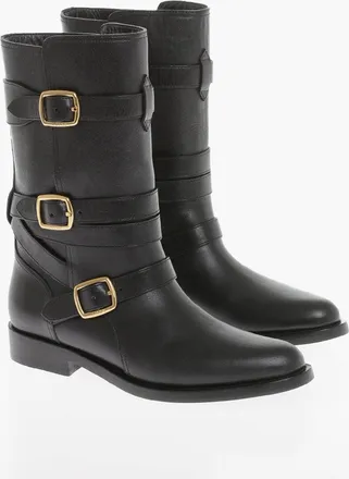 Celine Leder-Bikerstiefel mit Drei-Schnallen-Design Celine