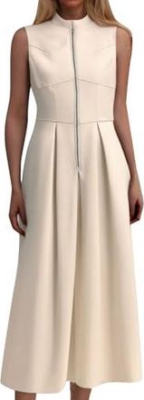 Generic Robe longue sans manches &agrave; col rond pliss&eacute;e avec fermeture &eacute;clair sur le devant - Robe d&eacute;t&eacute; boh&egrave;me pour la plage, les vacances - Essentiels de vacance