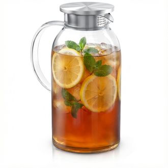 Arendo Glaskaraffe mit Deckel aus Edelstahl - Karaffe aus Glas - hitzebest&auml;ndig bis +400&deg;C - 1,8 Liter - Wasserkaraffe Hitze- und k&auml;ltebest&auml;ndig