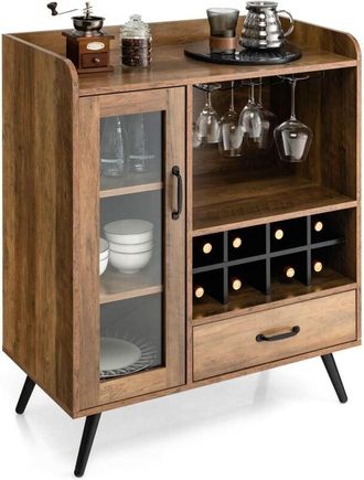 Costway Vintage Weinschrank mit Weinregal und integrierten Glashaltern, Barschrank Holz, Sideboard mit Schublade & Glastür, 80 x 40 x 95 cm - Costway
