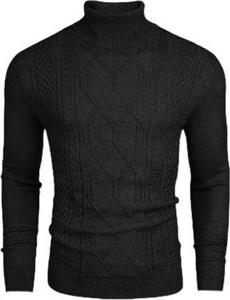 Coofandy Pull Homme Tricot Col Roul&eacute; Slim Fit Hiver Chaud Motif Torsad&eacute; Maille Fine Noir XXL