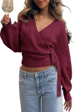 Generic Pull cache-coeur &agrave; col en V pour femme - Manches longues - Taille cintr&eacute;e - Haut court dautomne en tricot l&eacute;ger &agrave; nouer sur le c&ocirc;t&eacute;, Rouge, XL